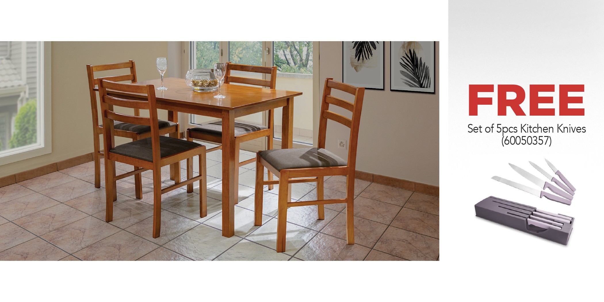 Amelia Table and 4 Chairs Dark Brown & Free 5 Pcs Kitchen Knife With ...