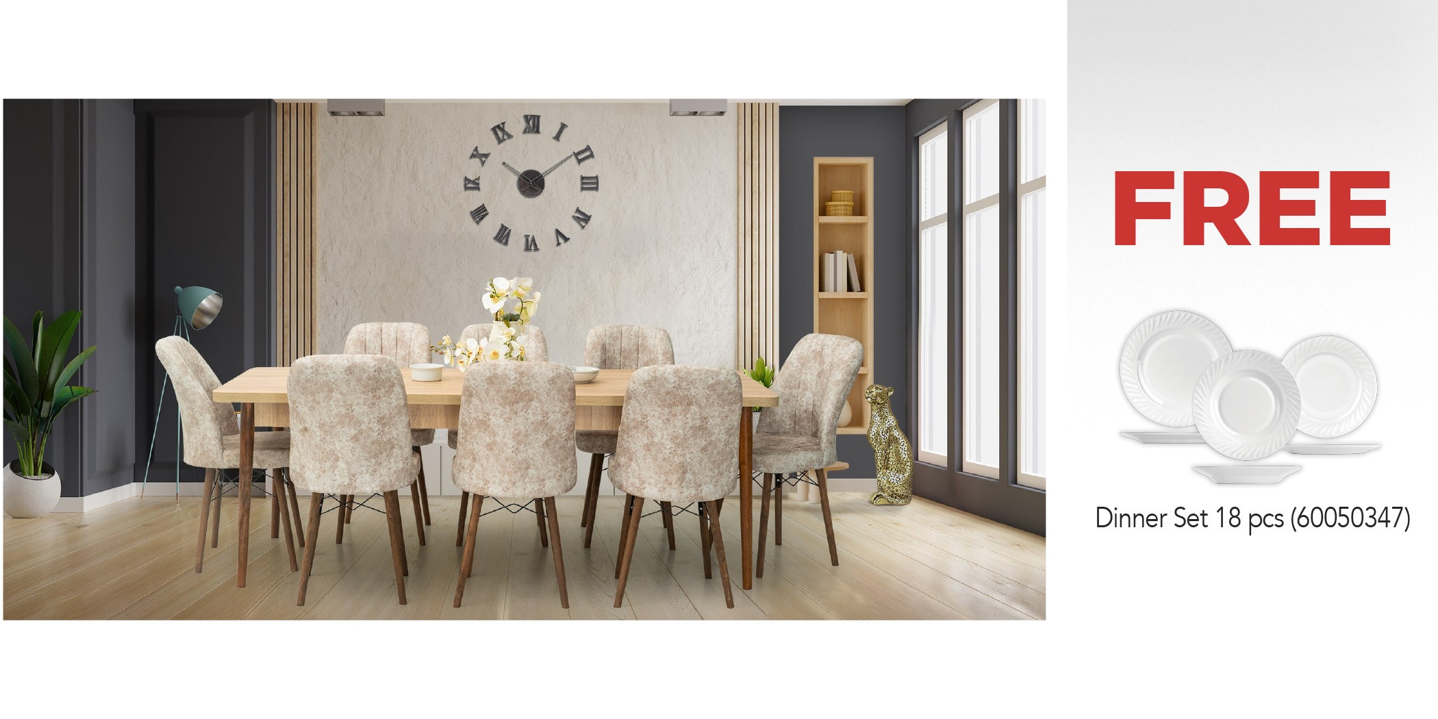 Miray Table & 8 Chairs Light Brown Fabric & Free Dinner Set 18 pcs Opal Plain White Glass