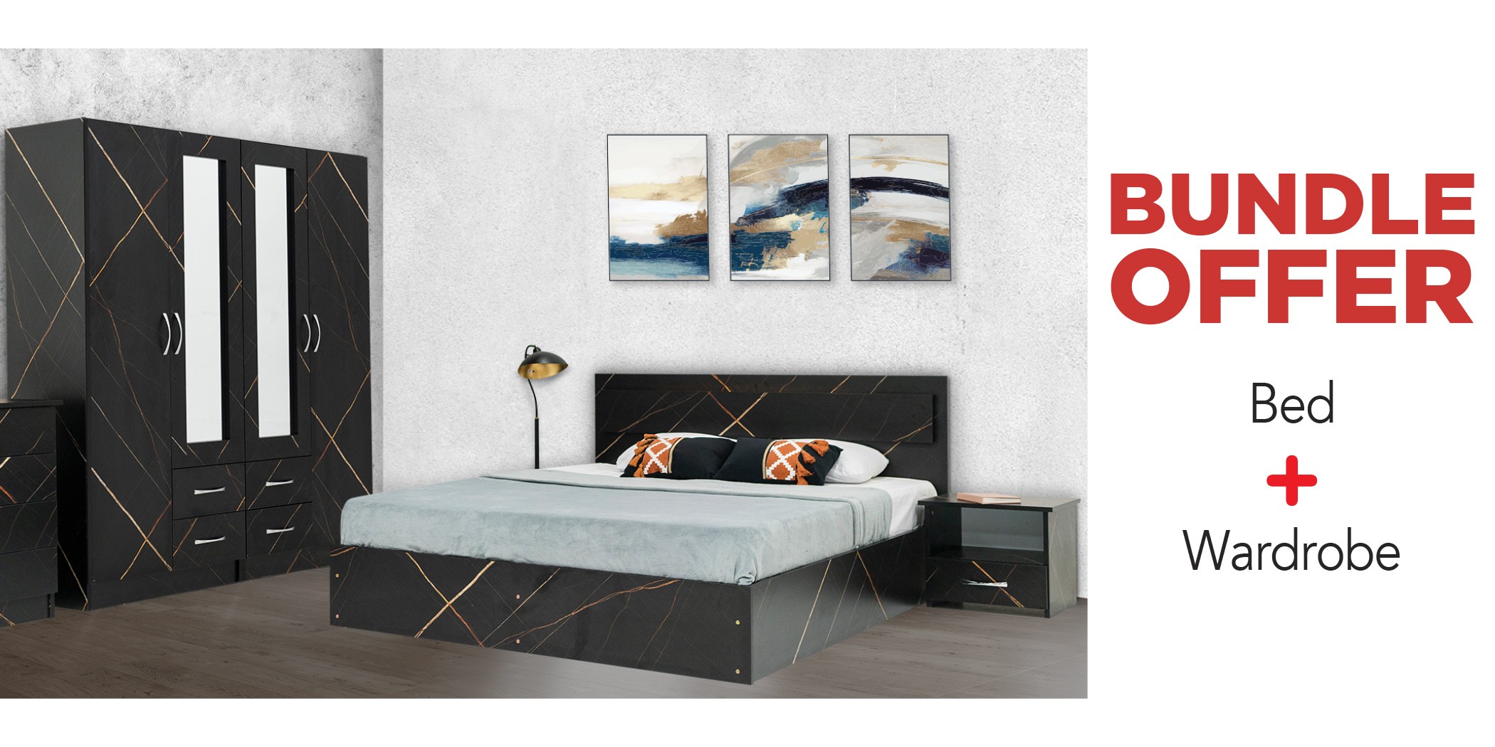 Florence Bed 160x200 cm MDF Black Flake + Florence Wardrobe 4 Doors MDF ...