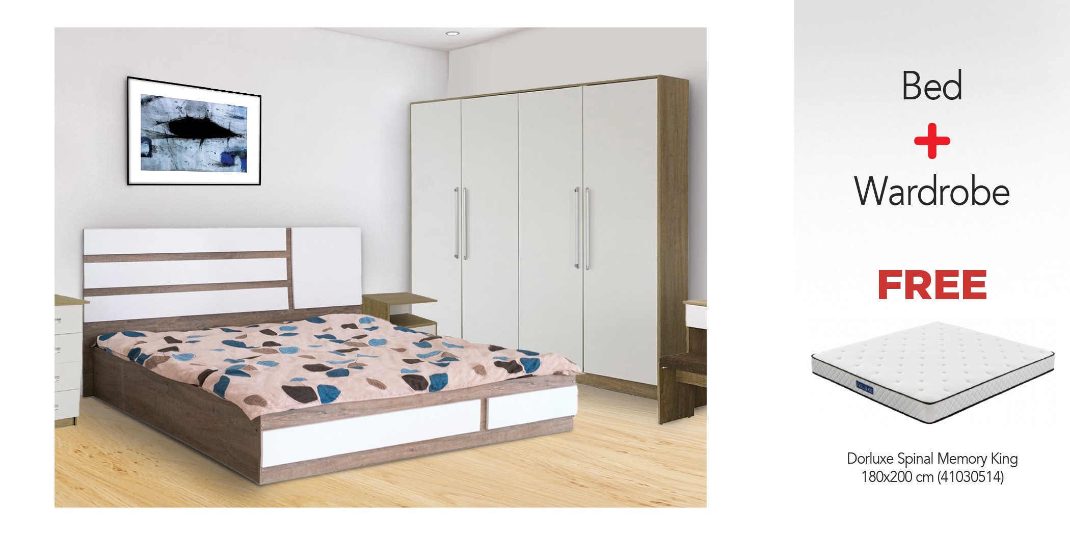 Elnora Bed 180x200cm + Elnora Wardrobe 4 Doors Relic Oak / Warm White ...