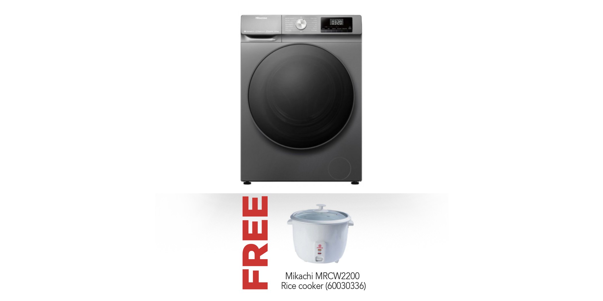 Hisense WD3Q8043BT Washer-Dryer and Free Mikachi MRCW2200 Rice Cooker