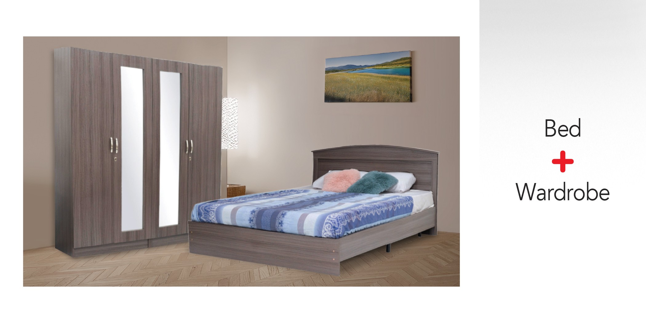 Swan Bed 150x190 cm & Swan Wardrobe 4 Doors MDF Pirple Oak