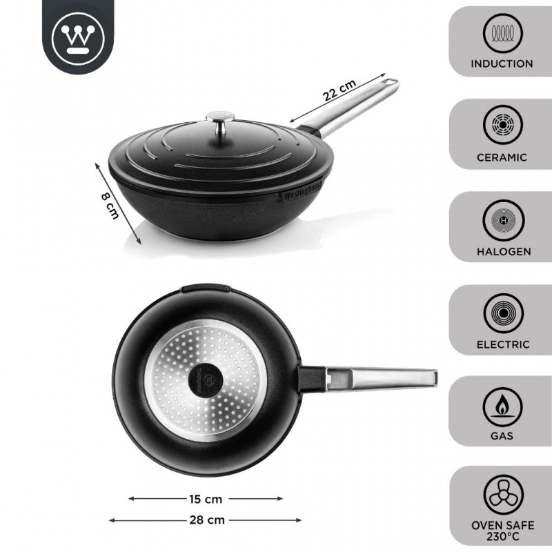 Westinghouse WCCW0095028BK 28cm Black Cast Aluminum Wok With Lid ...