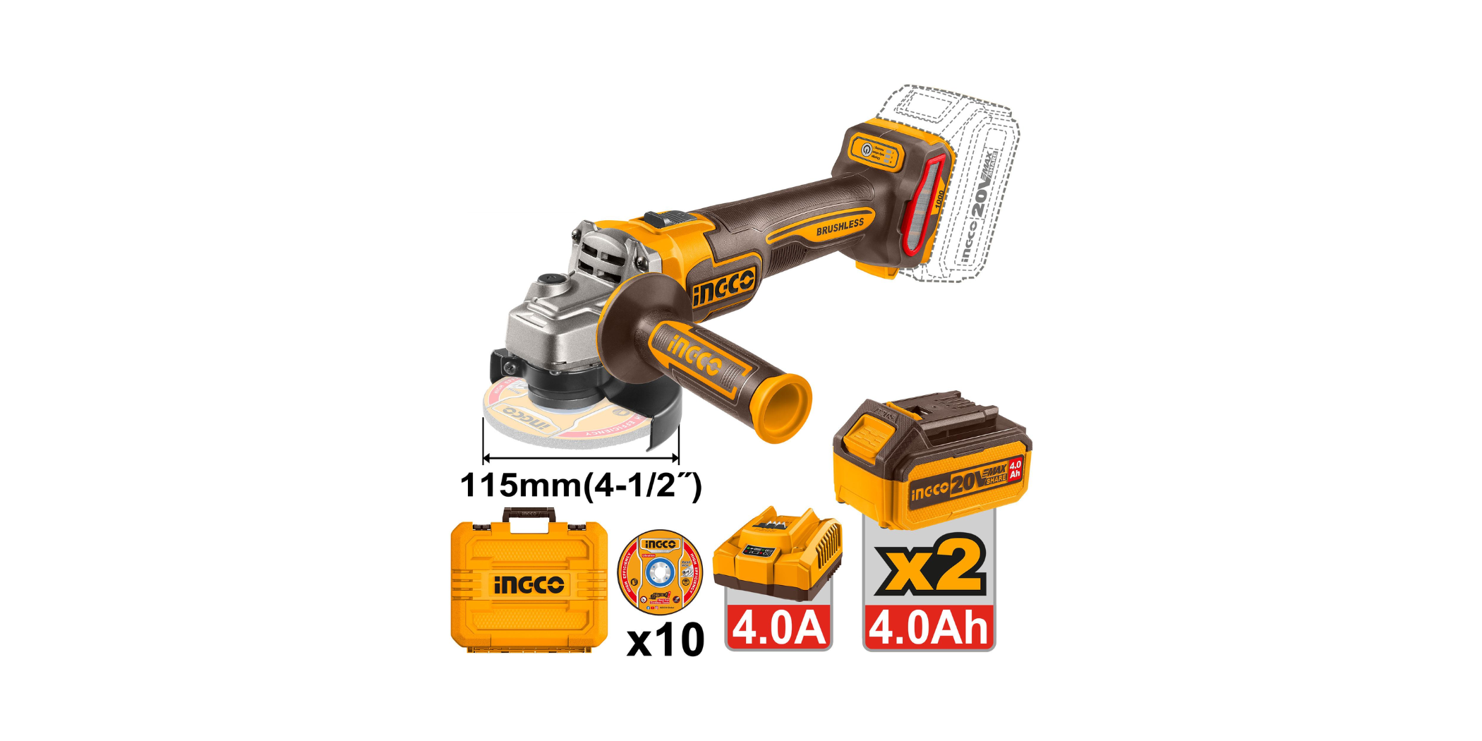 Ingco Cagli271532 Cordless Angle Grinder (2Bat 4.0 & Charger)