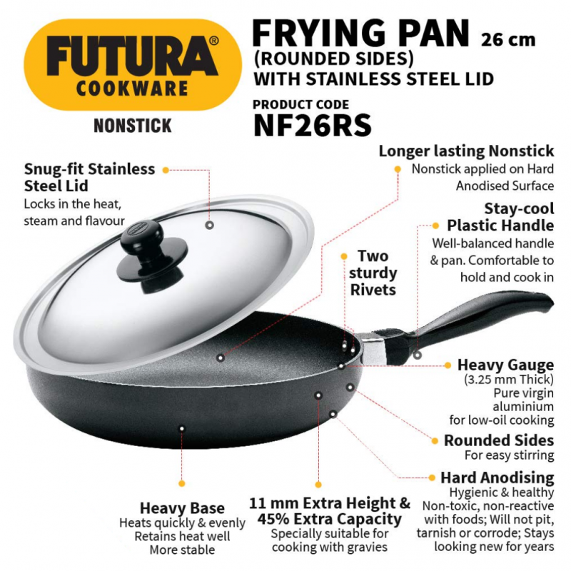 Futura NF26RS/24RS 24cm 3.25mm N.Stick Rounded Side Frying Pan With SS Lid