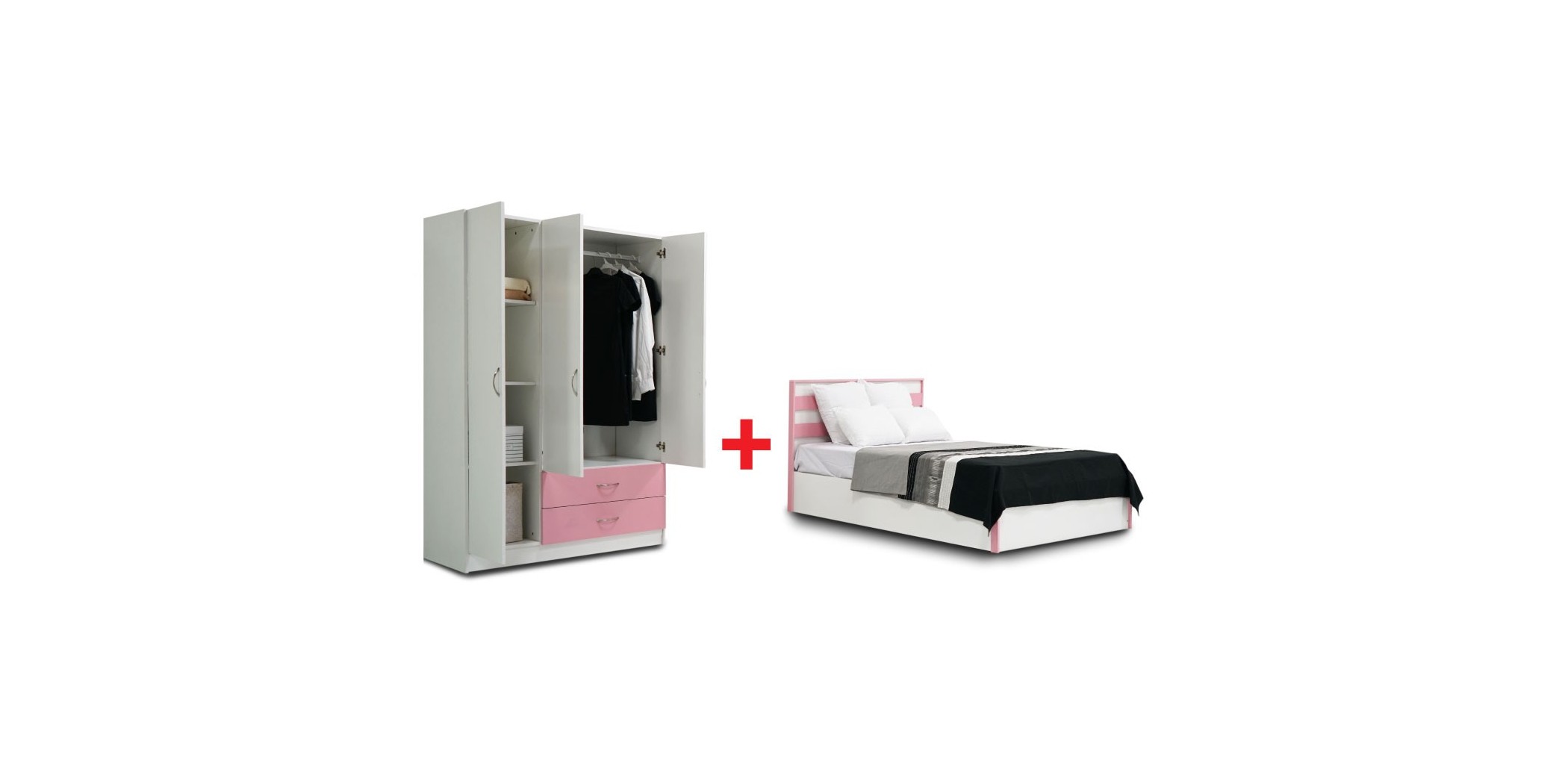 Alpha Bed 140x190 cm + Alpha Warbrobe 3 Doors MDF White & Pink