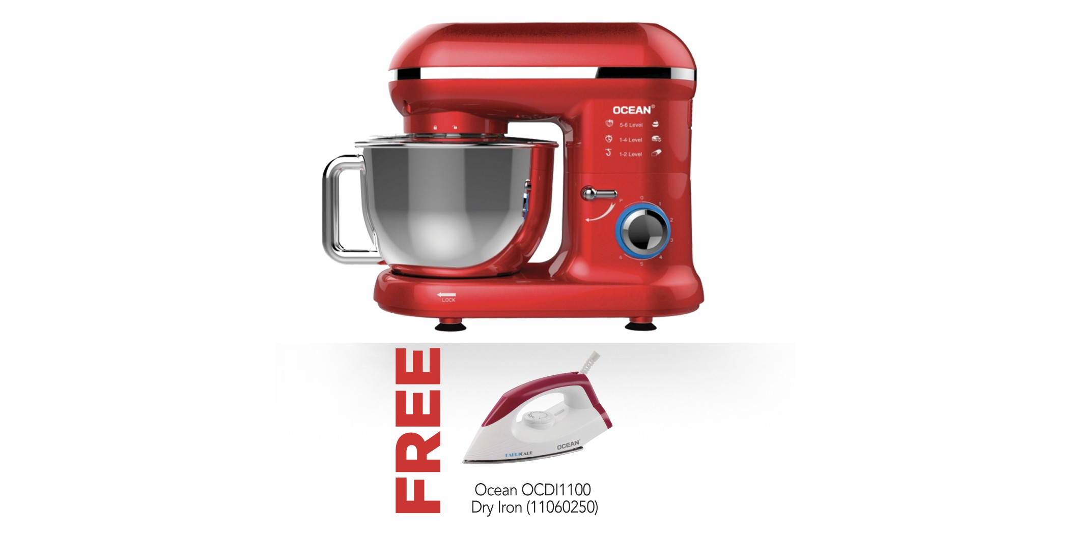 Ocean OCSM5511R 5.5L 1100W Red Stand Mixer 2YW & Free Ocean OCDI1100 ...