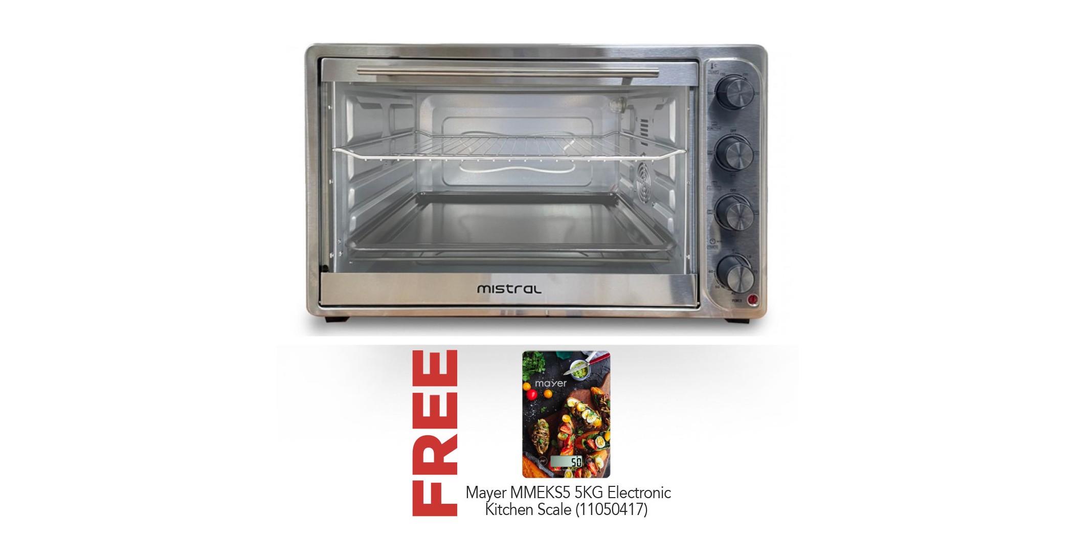 Mistral MO660CS 66L S/Steel 2200W Electric Oven & Free Mayer MMEKS5 5KG ...