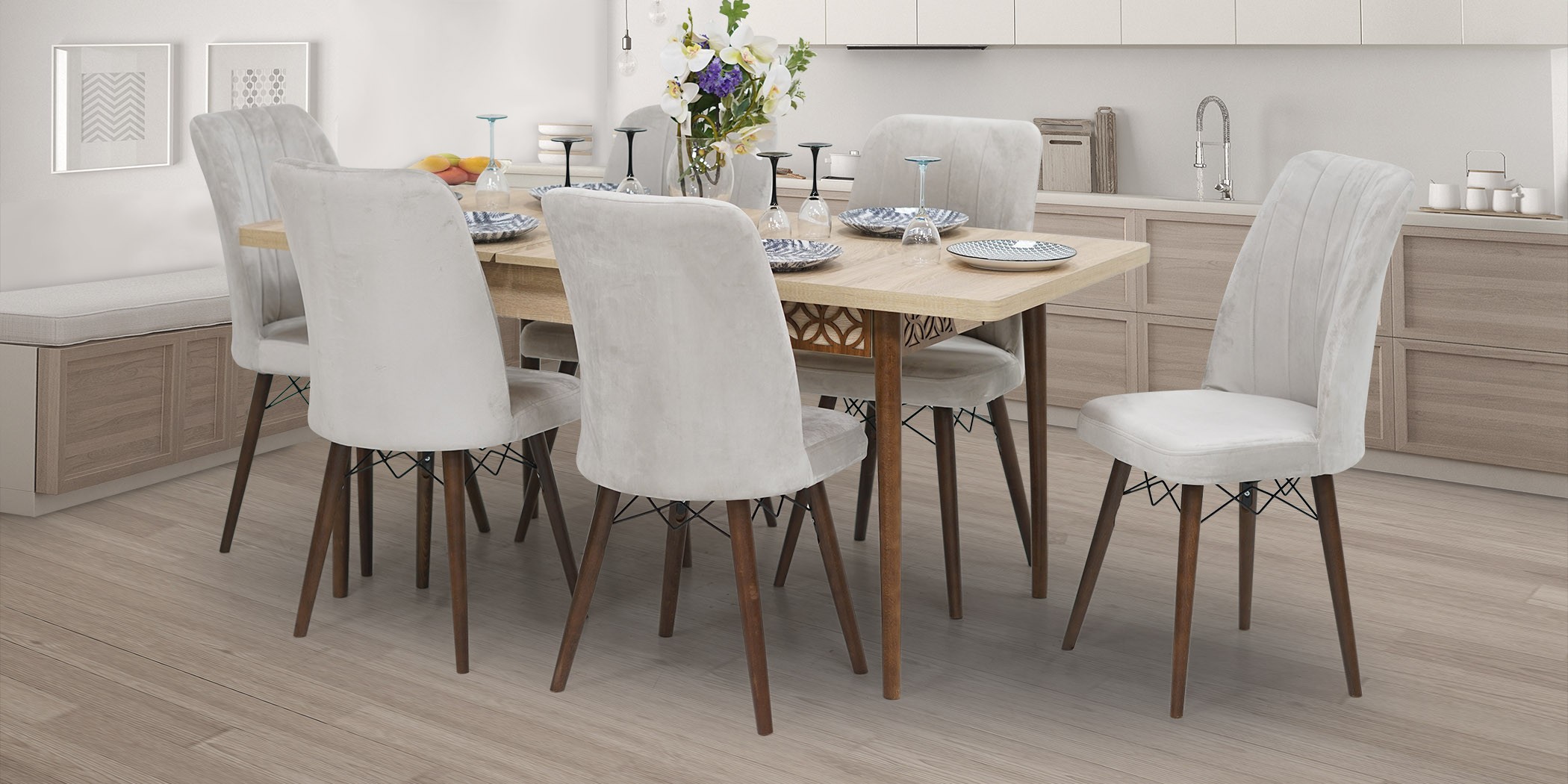 Yara Table+6 Chairs (Extendable) 80x170 Light Grey