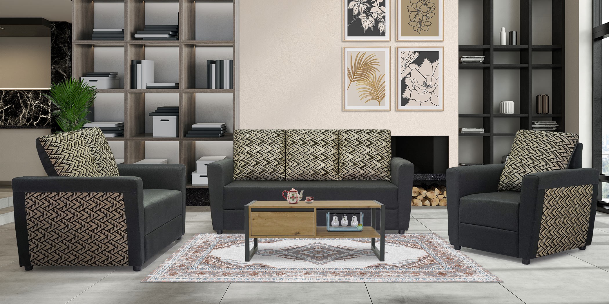 Olwen 3+2+1 Black with Beige Cushion Fabric