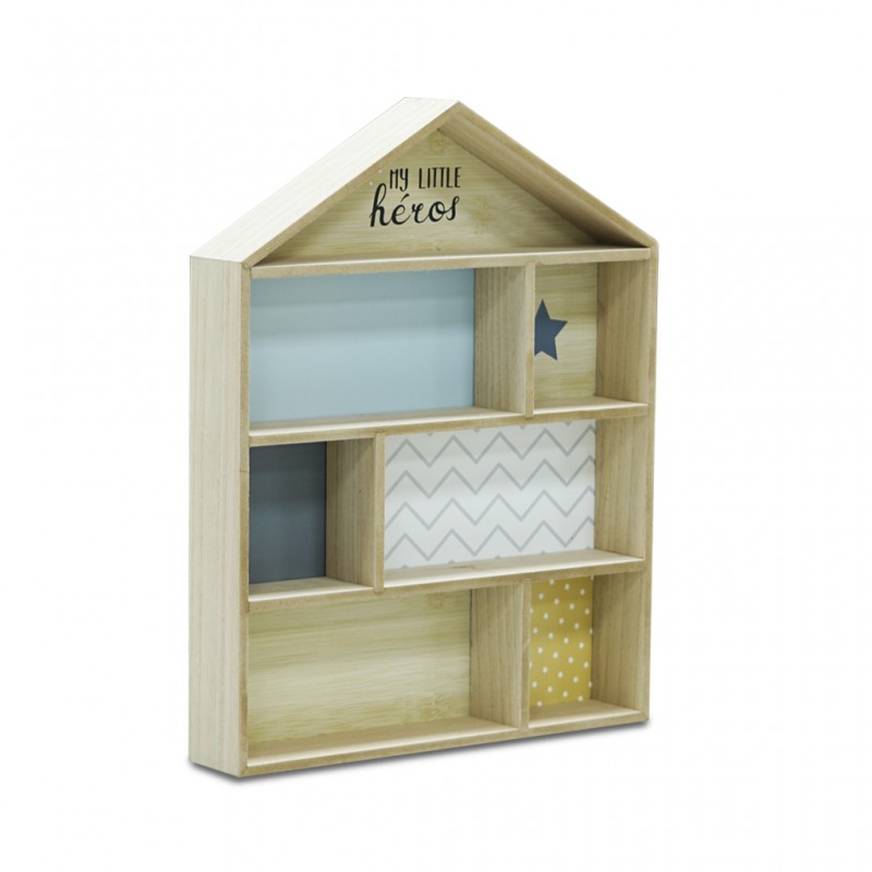Boy’S House Shelf Wood, Blue & Yellow