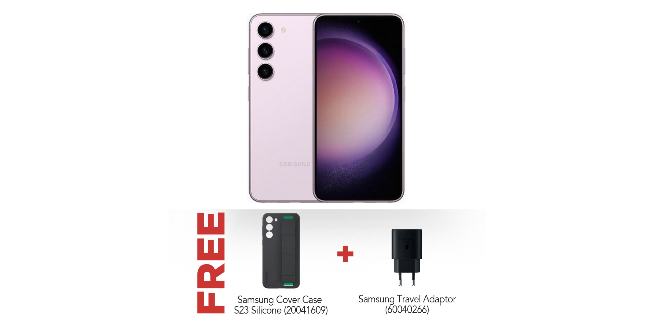 Samsung Galaxy S23 Pink & Free Samsung S23 Cover + Samsung Travel Adaptor