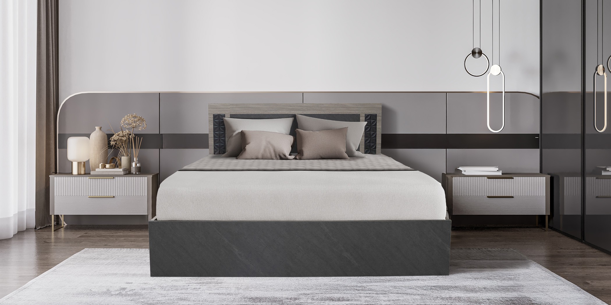 Linea Bed 150x190 cm Stone Grey And Mistrale Grey In MDF / Particle Board