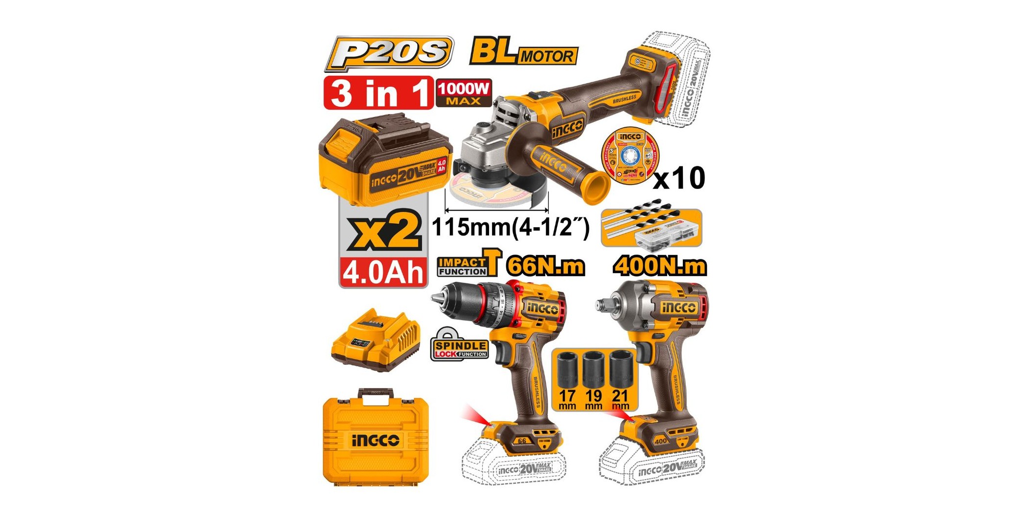 Ingco Cosli241291 3 Pcs Cordless Combo Kit