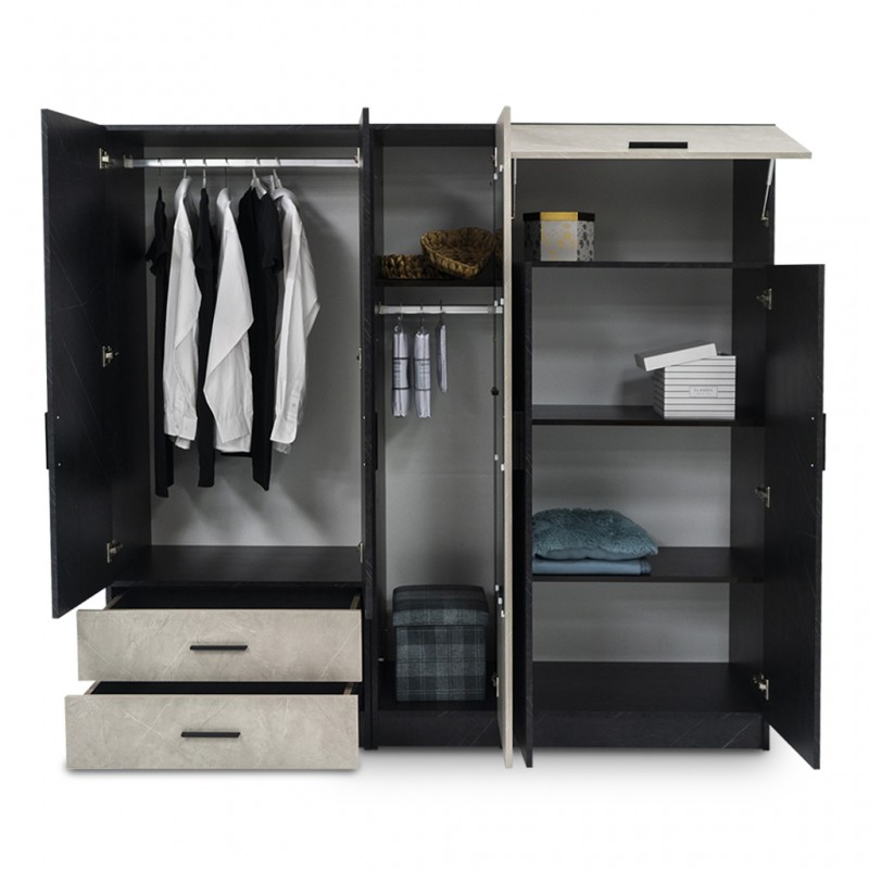 Royce Wardrobe 5 Doors and 1 Lift Up Door Greyash and Black Vein