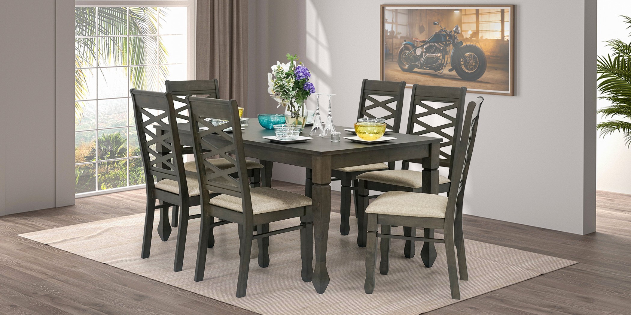 Nairobi Table and 6 chairs Merlot Color Rubberwood