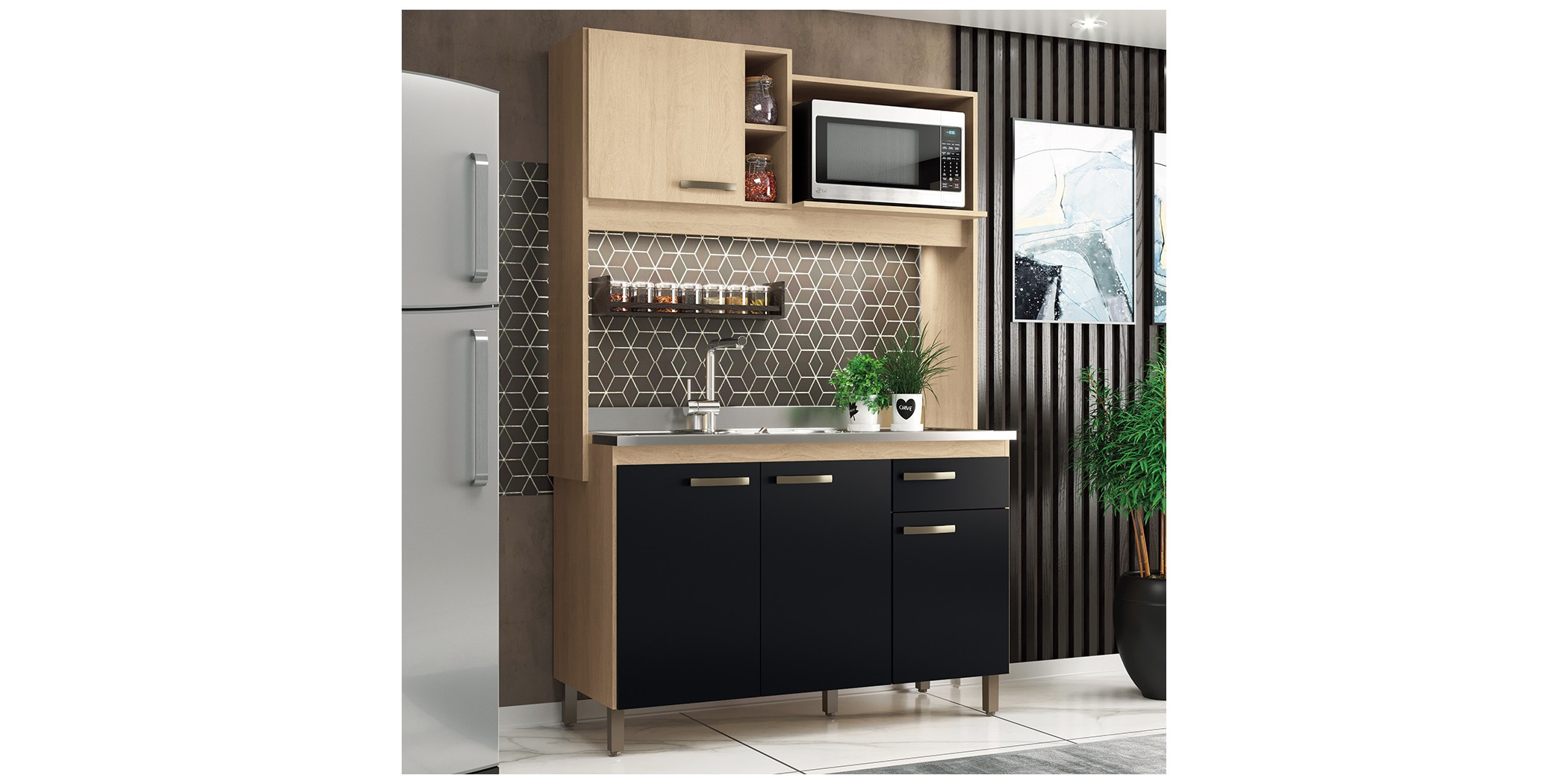Yara Kitchen Cabinet Carvalho/Black 4 Doors & 1 Drawer
