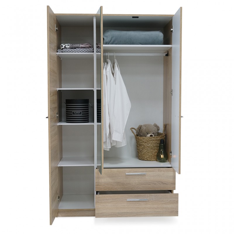 Plus Wardrobe With 3 Doors, Mirror & 2 Drawers Sonoma/Diamond White